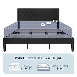 Allewie King Size Bed Frame Upholstered Platform Bed with Adjustable Headboard, Button Tufted, Wood Slat Support, Easy Assembly, Black