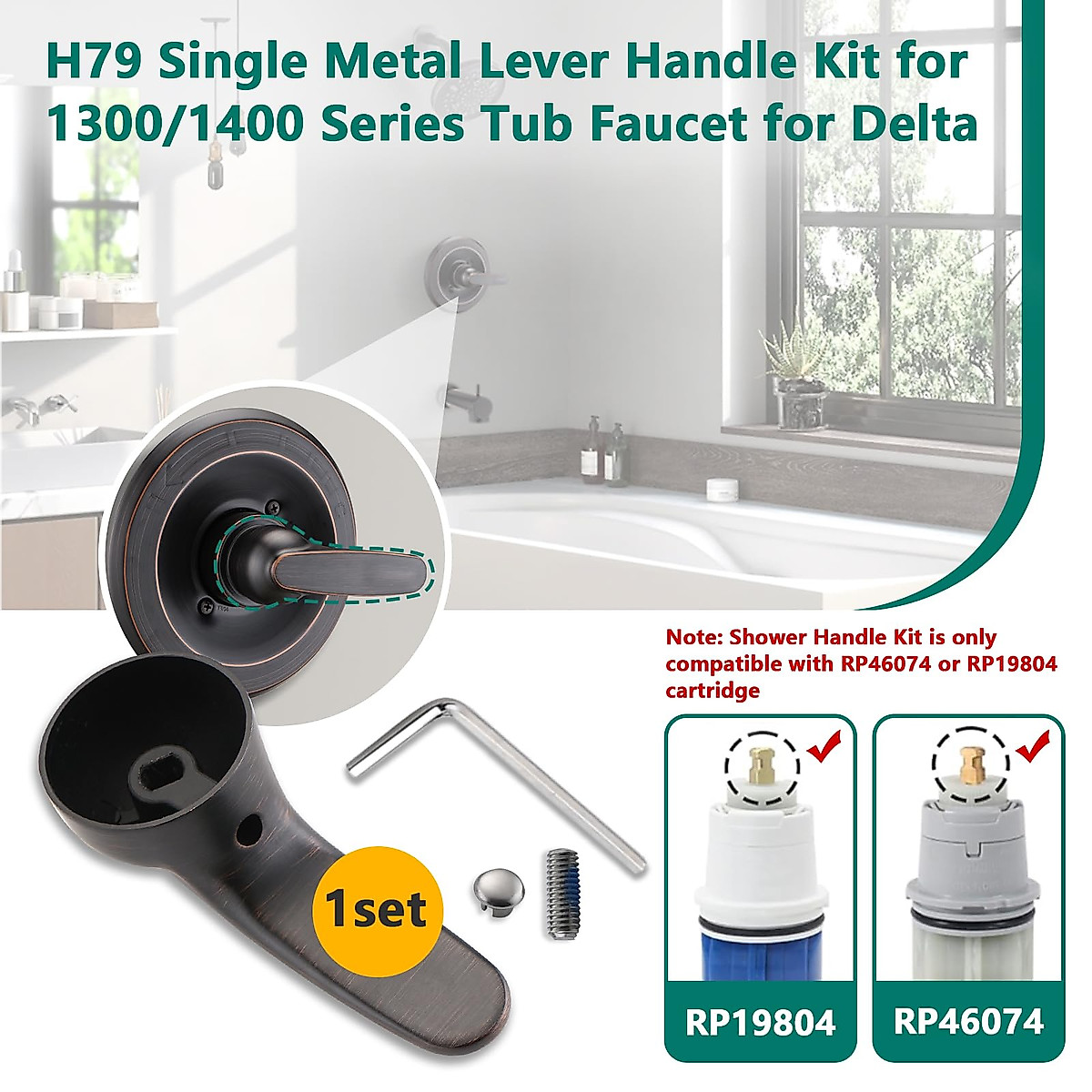 RAINREVIVE Repalcement Shower Handle, Compatible for 1300/1400 Series Tub Faucet for Delta, H79 Single Metal Lever Handle Kit, Oil Rubbed Bronze