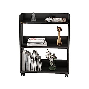 MIN WIN 3 Tier Open Bookshelf,Small Bookshelves Storage Display Shelf with Universal Wheels,Movable Standing Shelf Units,Wood Storage Rack for Small Spaces Home Office Bookcases Book Shelves, Black