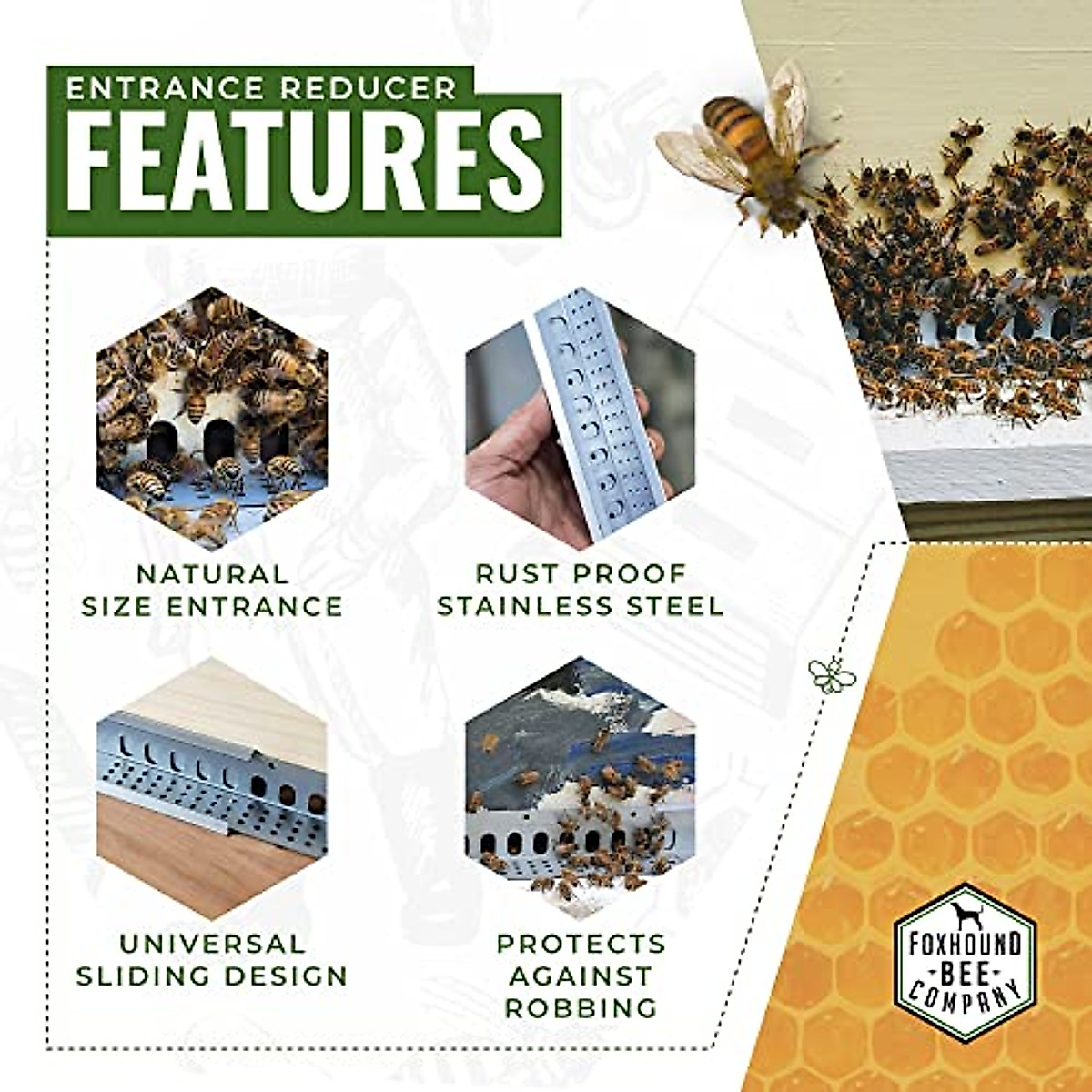 Entrance Reducer and Mouse Guard for 8 or 10 Frame Bee Hive, Used for Beekeeping with No-Rust, Universal Stainless Steel Metal Design for Winter and Year Around, 4-Pack