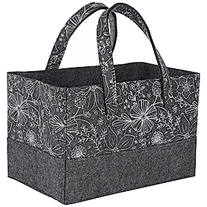 Floral Felt Essential Storage Tote; Gray, White; Collapsible; Two Handles; 15 in x 10 in x 10 in