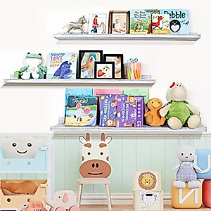 Annecy Floating Shelves Wall Mounted Set of 3, 36 Inch Grey Solid Wood Shelves for Wall, Wall Storage Shelves with Guardrail Design for Bedroom, Bathroom, Kitchen, Office, 3 Different Sizes