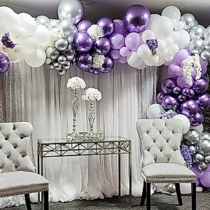 105pcs Purple Silver White Balloon Garland, Different Size Metallic Purple and Sliver Balloons Arch Kit Light Pastel Purple Birthday Balloon for Wedding Engagement Birthday Party Decorations