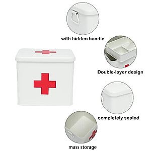 Xbopetda Metal Medicine Storage Tin,First Aid Kit Tin, First Aid Medicine Supplies Bin, First Aid Box with Removable Tray for Home Emergency Tool Set (White)