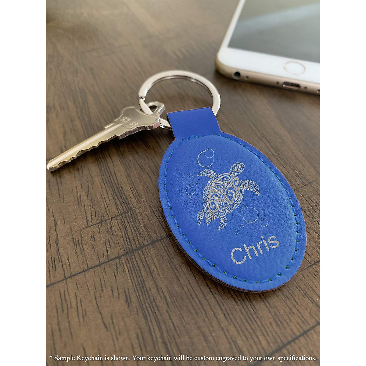 LaserGram Oval Keychain, Old Farm Tractor, Personalized Engraving Included (Dark Blue)