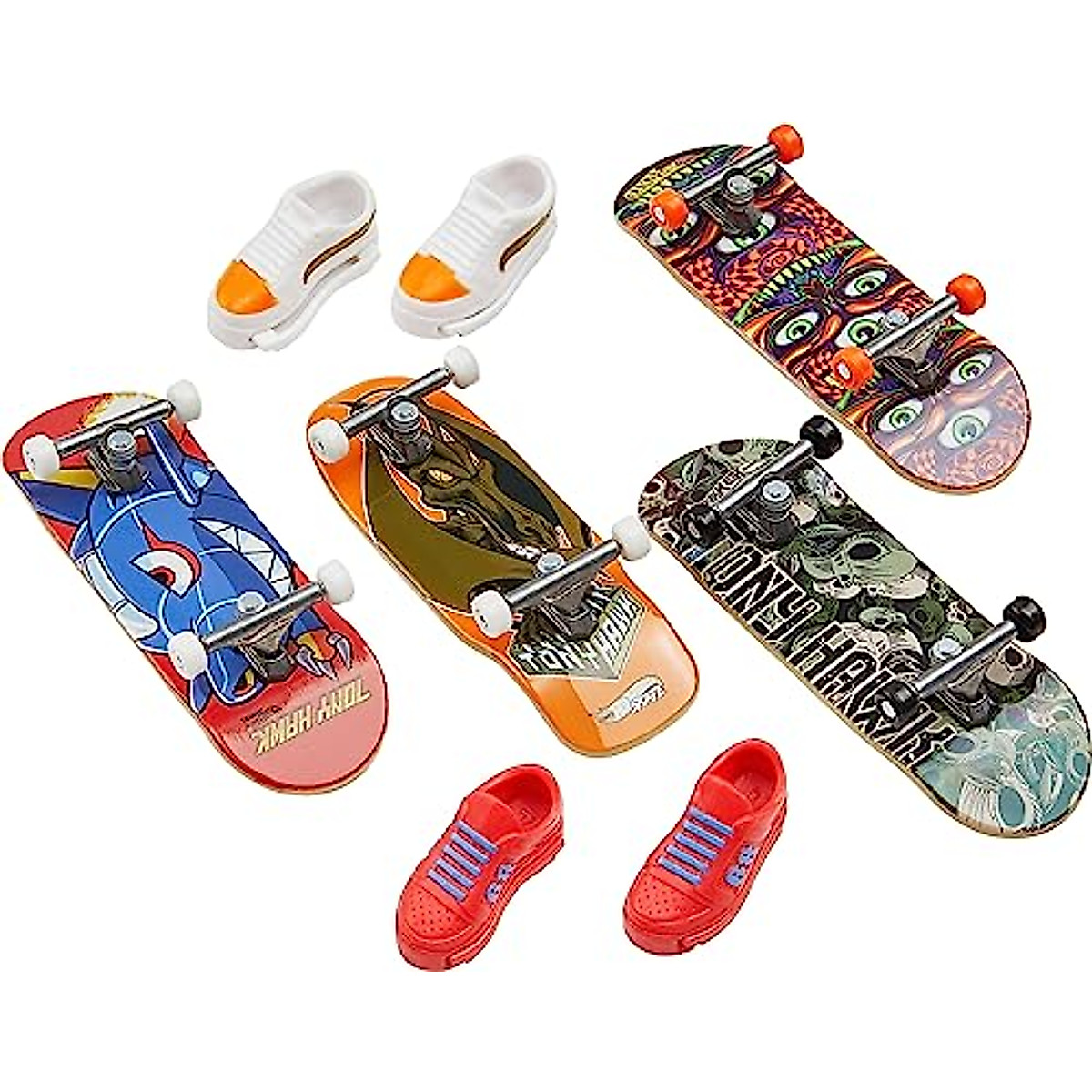 Hot Wheels Skate Tricked Out Pack, 4 Tony Hawk-Themed Fingerboards & 2 Pairs of Skate Shoes, Includes 1 Exclusive Set (Styles May Vary)