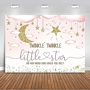 Mocsicka Pink Twinkle Twinkle Little Star Baby Shower Backdrop Gold Glitter Stars and Moon Pink Baby Shower Party Decorations for Girls Sparkle Stars Gender Reveal Photography Background (7x5ft)
