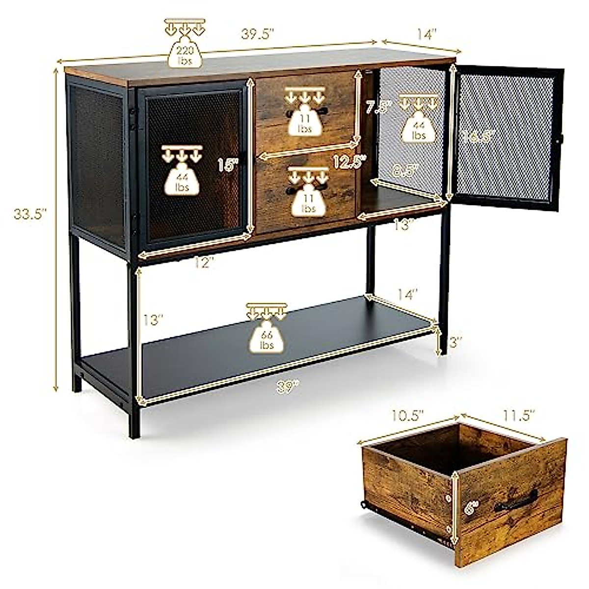 QZWCQ Buffet Storage Cabinet, 39" Kitchen Sideboard with Open Shelf, Industrial Buffet Sideboard Kitchen Cupboard with Metal Mesh Doors & 2 Drawers for Kitchen Hallway Entry Living Room Dining Room