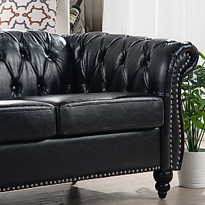EMKK 84 inch Leather 3-Seater Sofa Couch,Rolled Arm Chesterfield Three Seater Sofá for Small Spaces, Bedroom, Living Room,Black