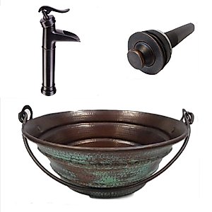 SimplyCopper 15" Round Copper BUCKET Vessel Bath Sink Green Patina Exterior with Faucet