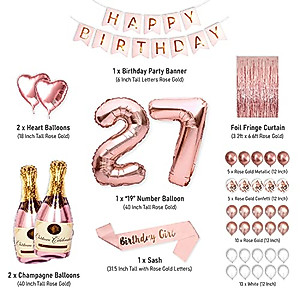 27th Birthday Party Decorations for Her Rose Gold Supplies Big Set with Birthday Banner and 27 BDay Digit Balloons for Women Including Latex and Confetti Balloons