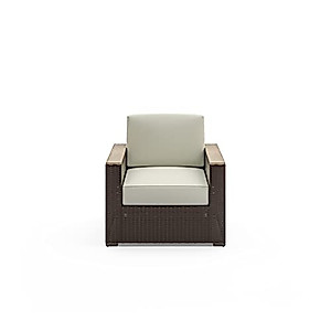Homestyles 6800-10 Palm Springs Outdoor Arm Chair with Cushion, Weatherproof Woven Wicker Rattan with Acacia Wood Accents, 1 Person, Beige