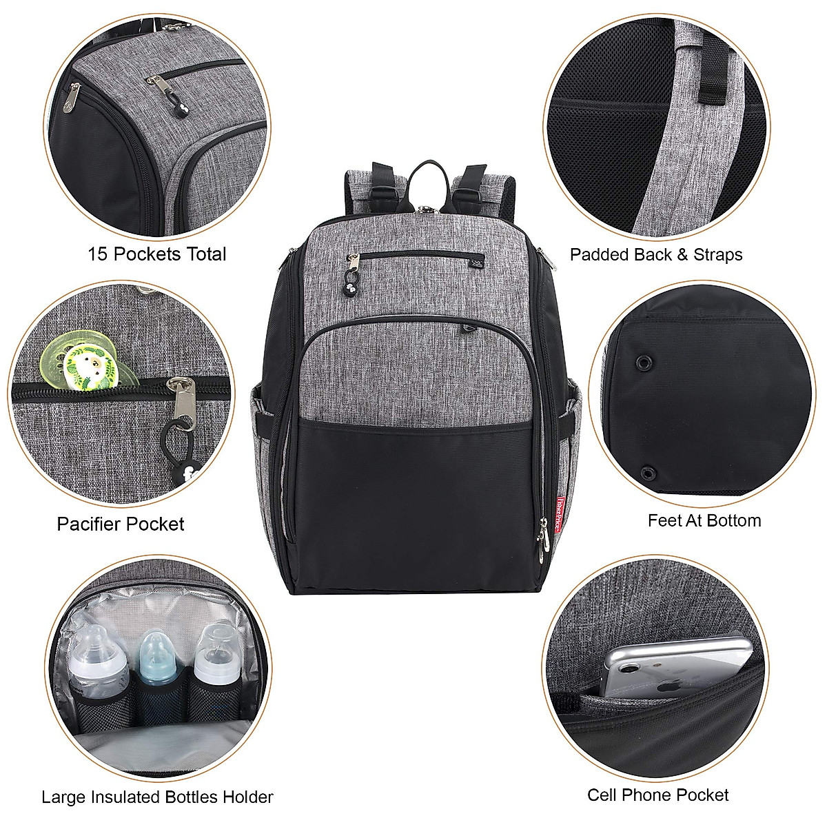 Fisher Price Diaper Bag Backpack with Changing Pad and Stroller Straps, Grey, Large