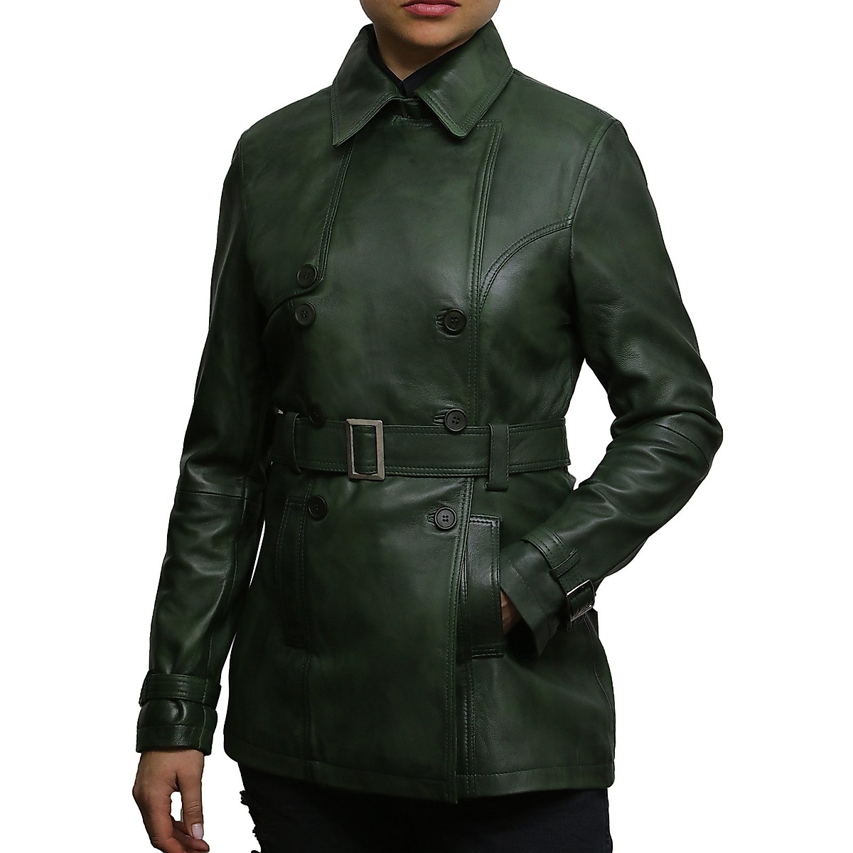 Brandslock Womens Genuine Leather Biker Jacket Coat (Olive, L)