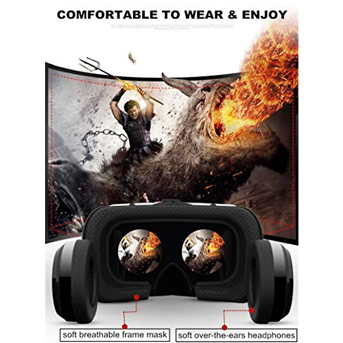 VR Headset Virtual Reality Headset w/Headphones for iPhone 14 13 12 11 X 8 7 6 Plus SE, Samsung Galaxy S8 S7 S6 Edge Note5, 3D VR Glasses for 3D Movie & Game for 4.0-6.0” iOS & Android Smartphone