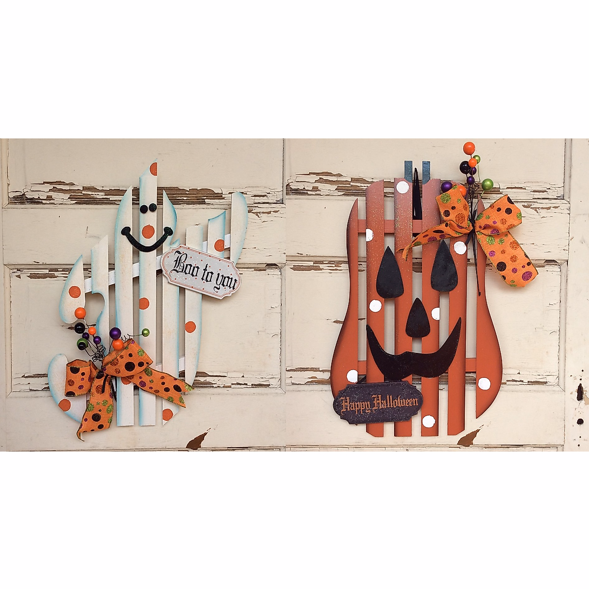 AGD Halloween Decor - Slat Wood Pumpkin and Ghost Double Door Wreaths