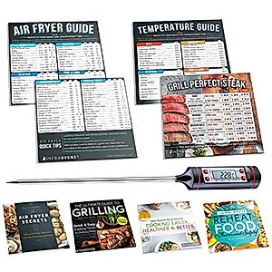 Air Fryer Cook Times Cheat Sheet Magnet Accessories | Airfryer Cookbooks, Magnetic Temperature Cooking Guide Chart for Quick Reference + Food Thermometer for Kitchen Cooking, Baking & Grilling