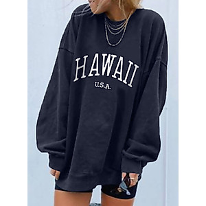 Dokotoo Womens Plus Size Hawaii USA Oversized Crewneck Long Tunic Sweatshirts for Women Long Sleeve Comfy Cozy Winter Fleece Pullover 2023 Fall Tops Casual Loose Fit Graphic Tees Shirts Blue XXL