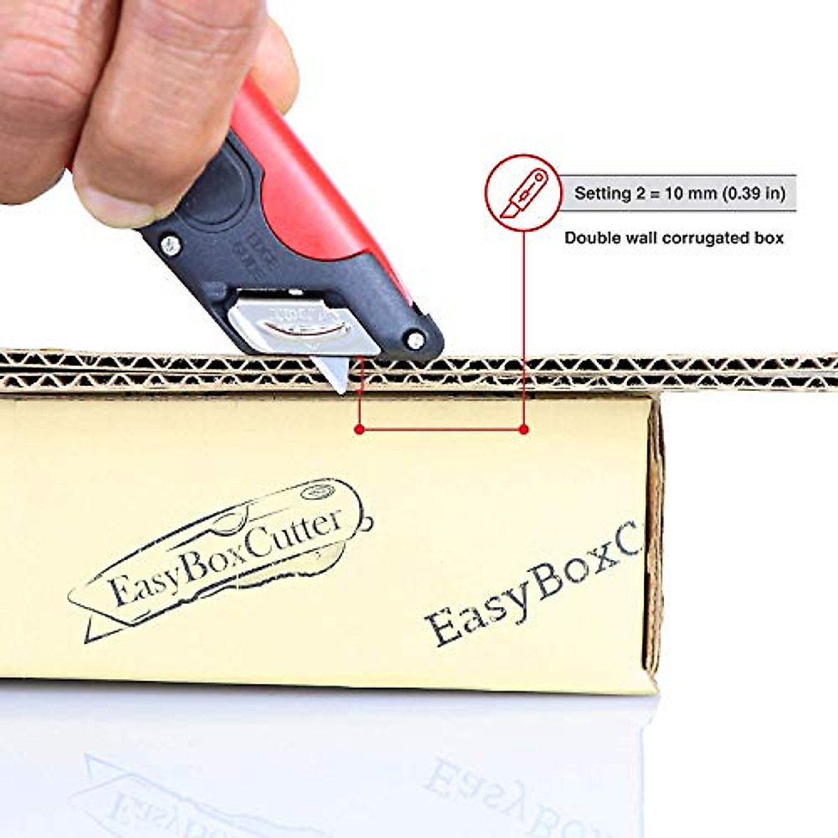 Modern Box Cutter, extra tape cutter at back, dual side edge guide, 3 blade depth setting, 2 blades and holster - Red Color 2000