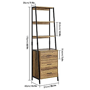 URKNO Industrial Ladder Shelves, Bookcase with Fabric Drawers and 3 Tier Open Shelves, Freestanding Storage Cabinet Tall Nightstand for Living Room, Bedroom, Office, Rustic Brown