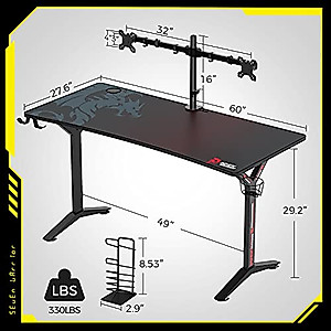 SEVEN WARRIOR Gaming Desk 60INCH with Dual Monitor Mount, Carbon Fiber Surface Gamer Desk with Full Desk Mouse Pad, Ergonomic Y Shaped Gamer Table with Outlet Organizer, Gaming Rack