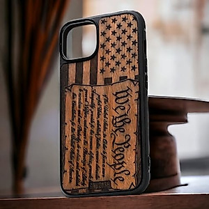 GR8CASE | iPhone 14 Case | iPhone Wood Case | Hand Crafted | Cherry Wood Phone Case | Black Stained Cherry | Constitution | We The People On American Flag | Handmade Phone Case