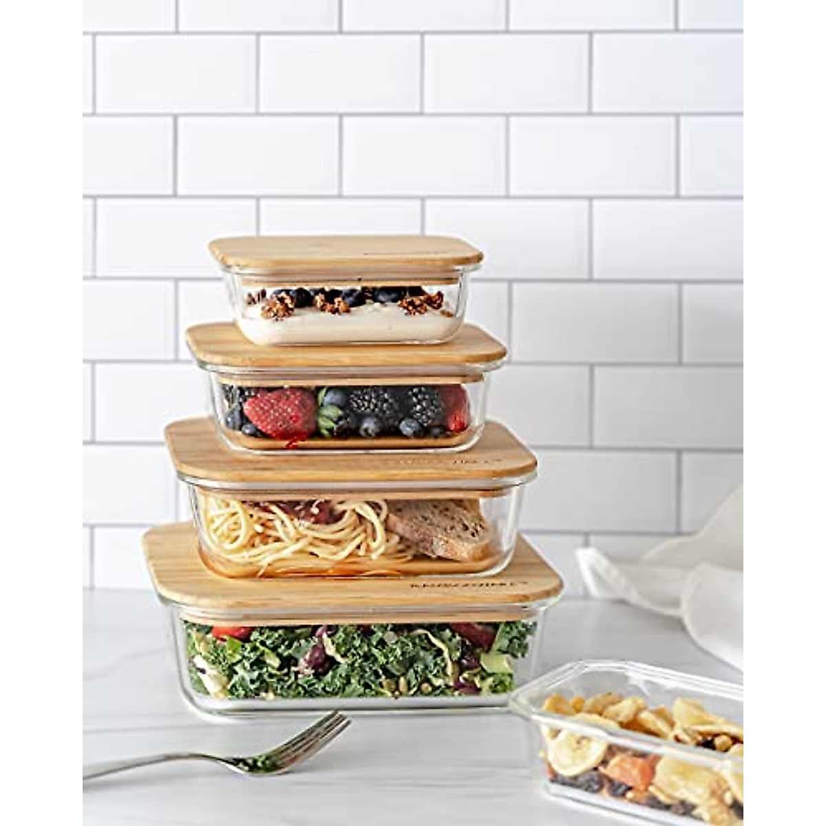 Bambooware Glass Containers with Lids | Non Plastic Glassware Set - Natural Raw Organic Wooden Bamboo Lids | Set of 4 | Reusable, BPA Free | Perfect for Meal Prep, Lunch, Leftovers, Kitchen