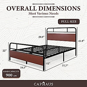 CAPHAUS Round Corner Metal Bed Frame with Modern Wood Headboard and Footboard, Mattress Foundation, Metal Platform Bed with Premium Steel Frame, Noise-Free, No Box Spring Needed, Full Size, Walnut