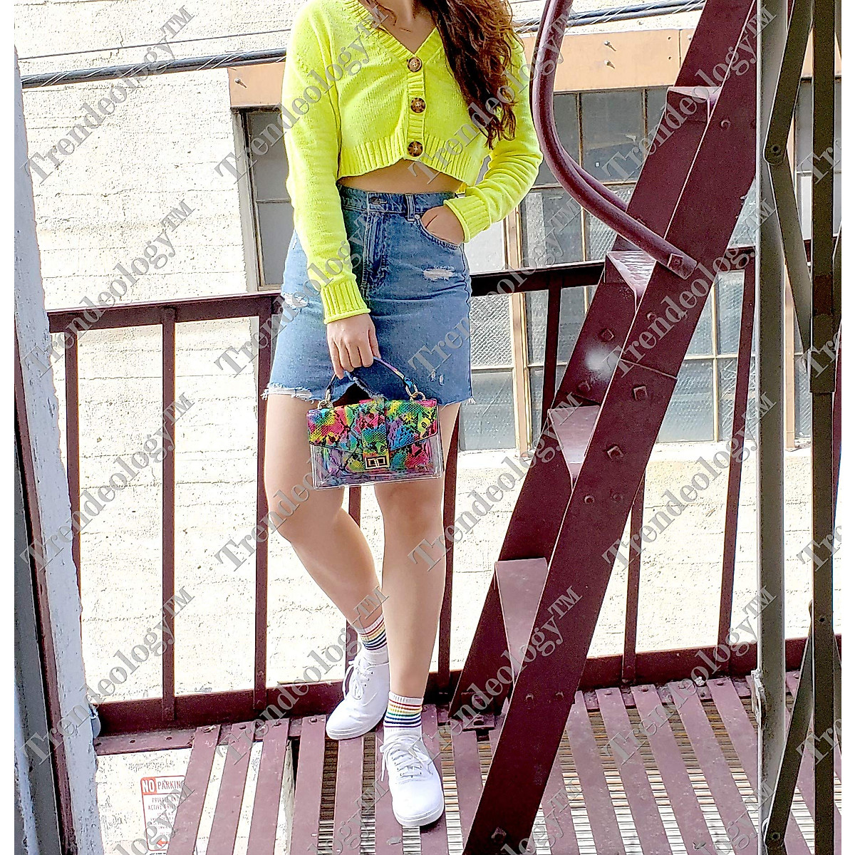 Multicolor Snake Print Pouch Clear Chain 2 Way Shoulder Bag Crossbody Stadium (1Medium Top-Handle Clear Satchel - Red Multi)