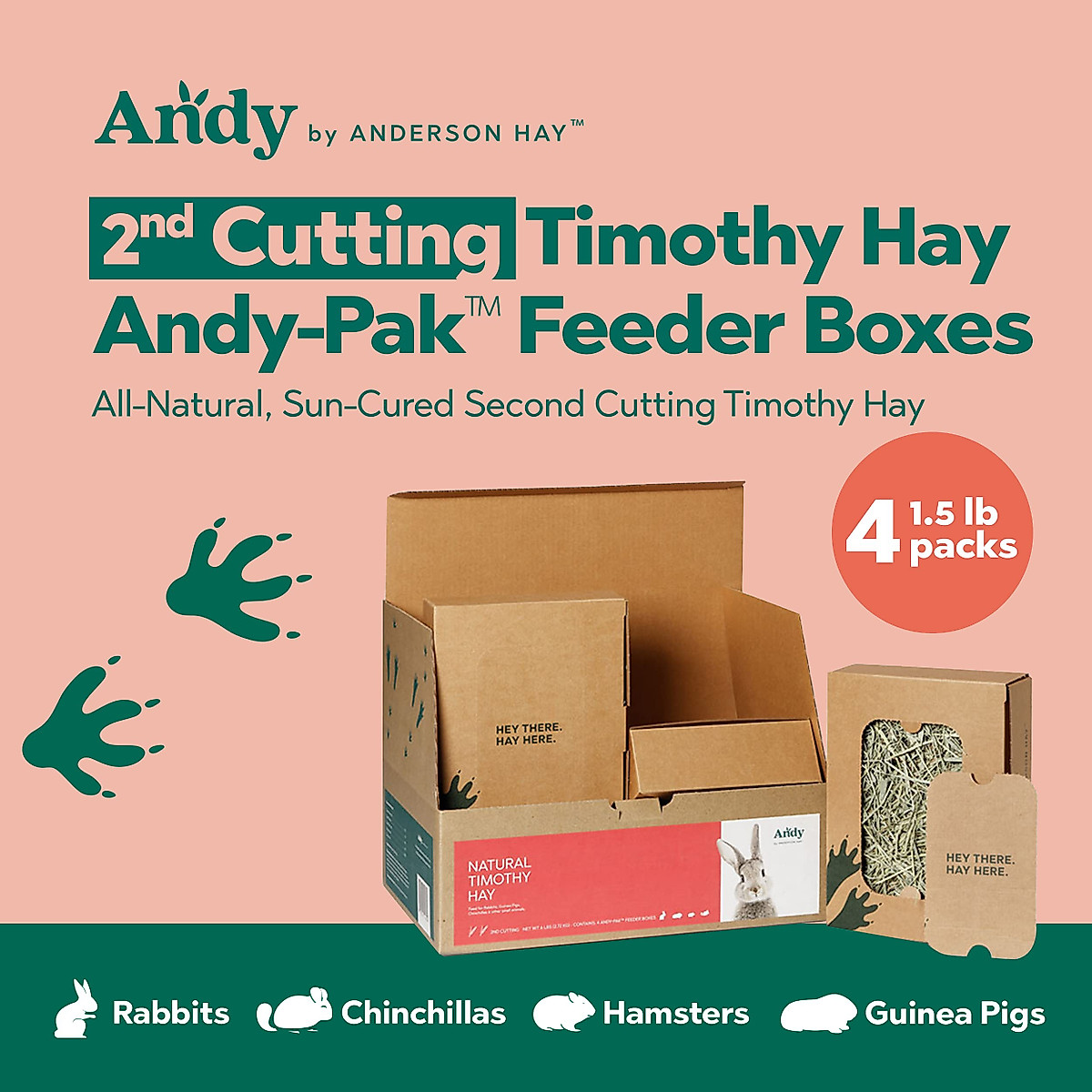 Andy 2nd Cut Timothy Hay Andy-Pak Feeder Boxes, 4 Pack of 1.5 Lb Boxes, Premium Rabbit Food Hay for Rabbits, Chinchillas, and Guinea Pigs