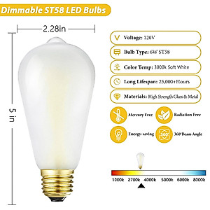 HOMOSUM E26 Frosted LED Edison Bulbs, 6W Equivalent 60W,600LM,AC120V, Soft White 3000K,ST58 Dimmable Antique LED Filament Bulbs with 90+ CRI, Pack of 6 (6W=60W Soft White)