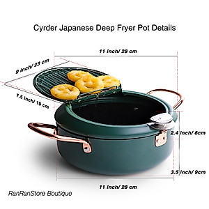 Cyrder Deep Fryer Pot, 4.3L/11 Inch Japanese Tempura Frying Pot with Fahrenheit Thermometer, Nonstick Carbon Steel Oil Fryer, for Tempura/Frech/Fish/Chicken Fries, Easy Clean, Green