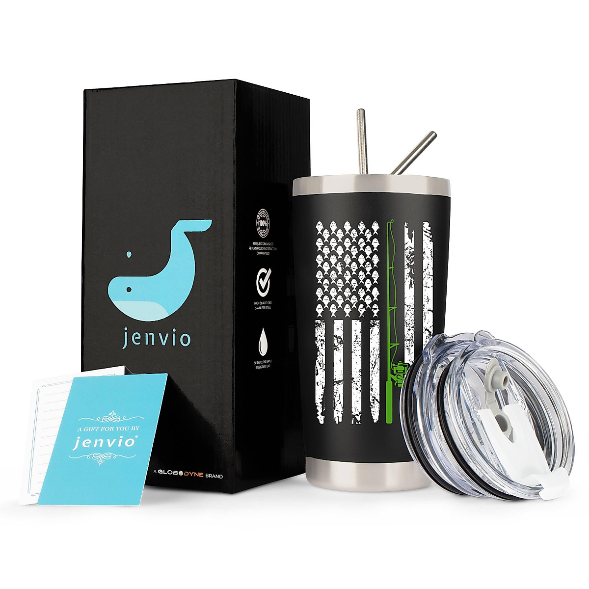 JENVIO Fishing for Men | Stainless Steel Travel Tumbler/Mug with 2 Lids and 2 Straws for Coffee or Cold Drinks | Funny Fly Fisherman Decor Themed Stuff Valentine's Day Gift (20 Ounce)