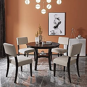 FANYE 5 Pieces Sets with Wooden Round Table Bring Bottom Shelf and 4 Linen Upholstered Chairs with Back Cushion for Home Breakfast, Lunch & Dinner Kitchen & Dining Room Furniture, Espresso+Beige