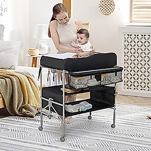 HONEY JOY Portable Baby Changing Table, 3-Tier Foldable Changing Station w/Wheels for Infant, Waterproof Diaper Changing Pad, 4 Adjustable Heights, Side Storage Basket for Newborn Essentials (Black)