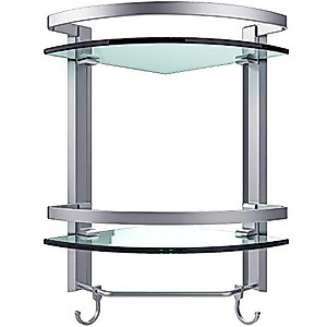 Vdomus 2 Tier Glass Corner Shelf, Bathroom Organizer Shower Caddy, Shower Shelve with Towel bar Wall Mounted, Glass Bathroom Shower Shelf Brushed Silver Finished