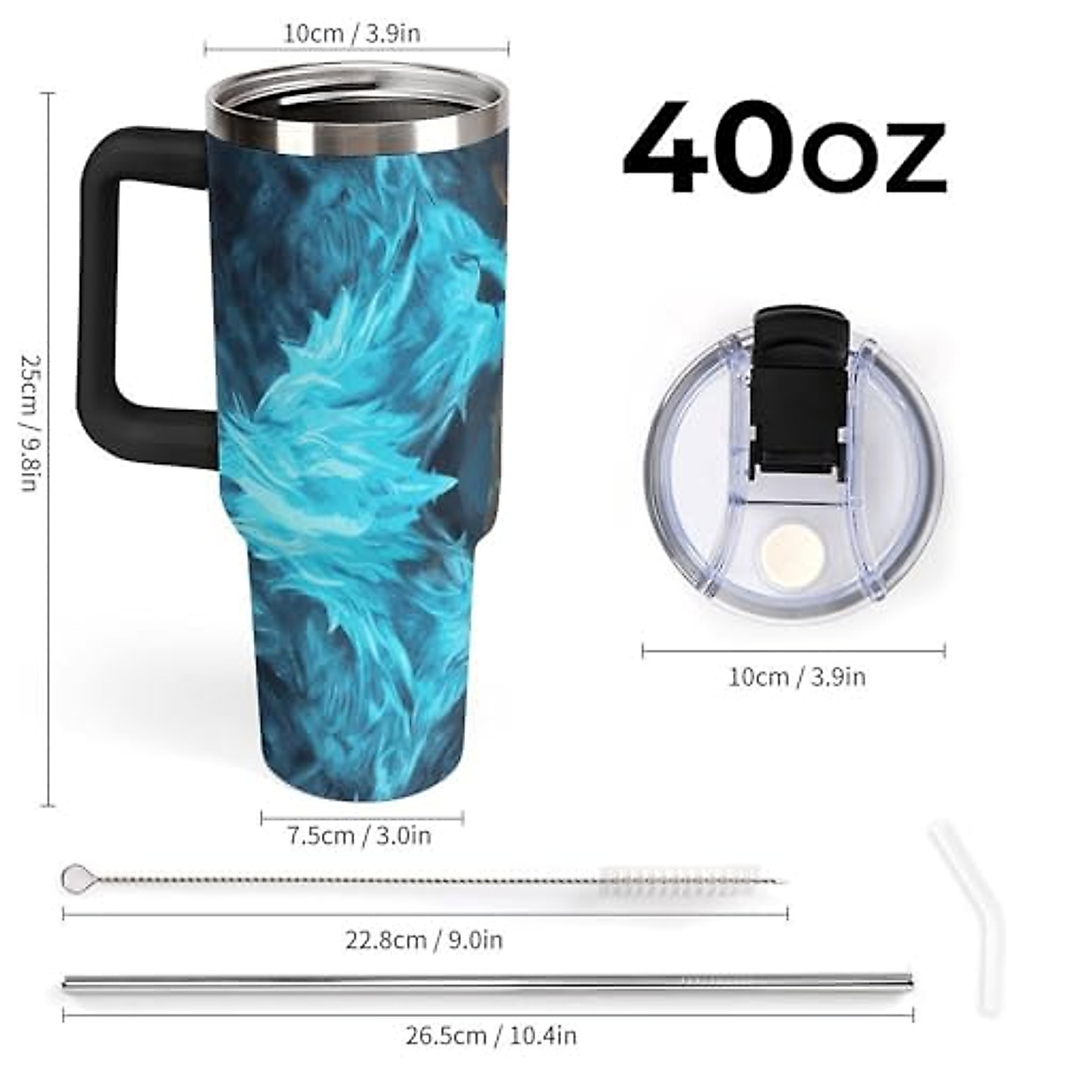 FJWKLRBV Fire Vs Ice Art 40 Oz Water Bottle, Stainless Steel Tumbler with Handle And Straw, Extra Large Insulated Tumbler, Flip Straw Tumblers for Sports, Work, Car, Travel And Weekends