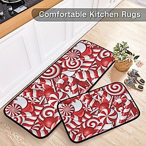 CUPADA Christmas Sweets Kitchen Rugs and Mats 2 Pcs, Candy Canes Non-Slip Floor Runner Mat for Living Room Bedroom Dorm Hallyway Home Decor 19.7"x27.6"+19.7"x47.2"