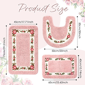 3 Pcs Rose Flowers Coquette Bathroom Rugs Set Coquette Rug Bathroom Bedroom Living Room Carpet, Floral Flower Rugs for Bedroom Non Skid Absorbent Romantic Rose Flower Area Rugs 3 Shapes(Pink)