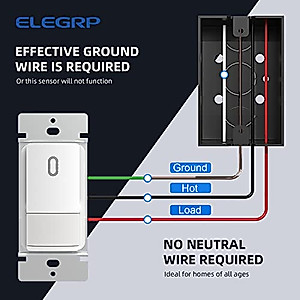 ELEGRP Occupancy Motion Sensor Light Switch, PIR Infrared Motion Activated Wall Switch, No Neutral Wire Required, Single Pole for CFL/LED/Incandescent, w/Wall Plate, UL Listed (2 Pack, Matte White)