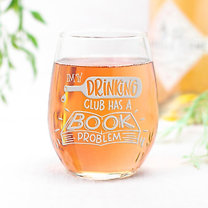 Drinking Club Book Worm Problem Stemless Wine Glass - Book Lover Gift, Gift for Readers, Book Worm Gift, Book Club Gift