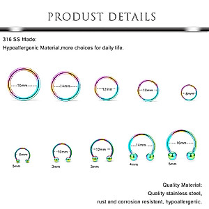 Hoeudjo 16G Stainless Steel Hinged Clicker Segment Septum Rings Horseshoe Earring Nose Lip Ring Hoop Cartilage Tragus Daith Helix Sleeper Earrings Body Piercing Jewelry Rainbow 8mm 10mm 12mm