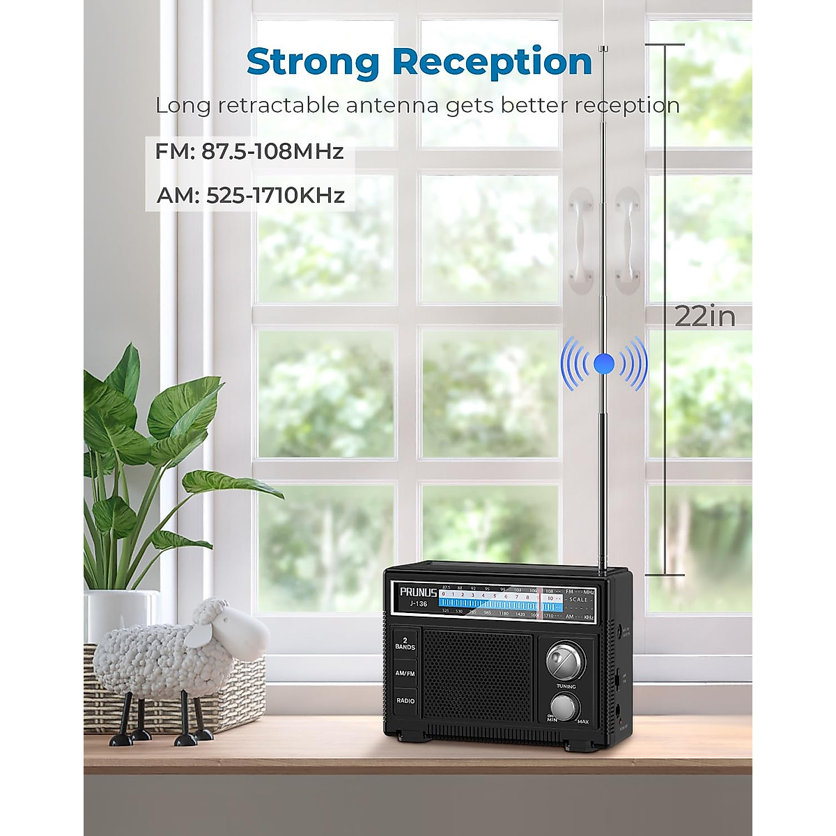 PRUNUS Portable Radio AM FM, Transistor Radio Battery Operated and Plug in Wall,Loud Speaker Support AUX in and Micphone in, Small Radios Portable AM FM J-136