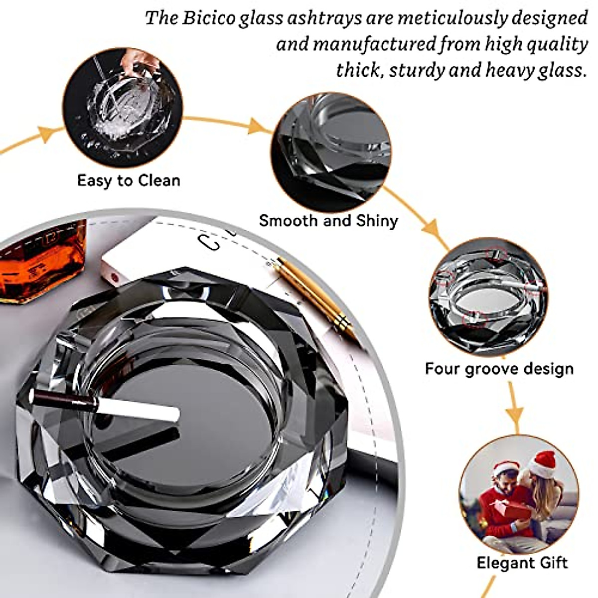 Bicico Crystal Glass Ashtray, Cigar Ashtray, Cool Ashtrays for Cigarettes Indoor, Ash Tray Holder Home Office Desktop Tabletop Hotel Indoor Outdoor Decoration, Black