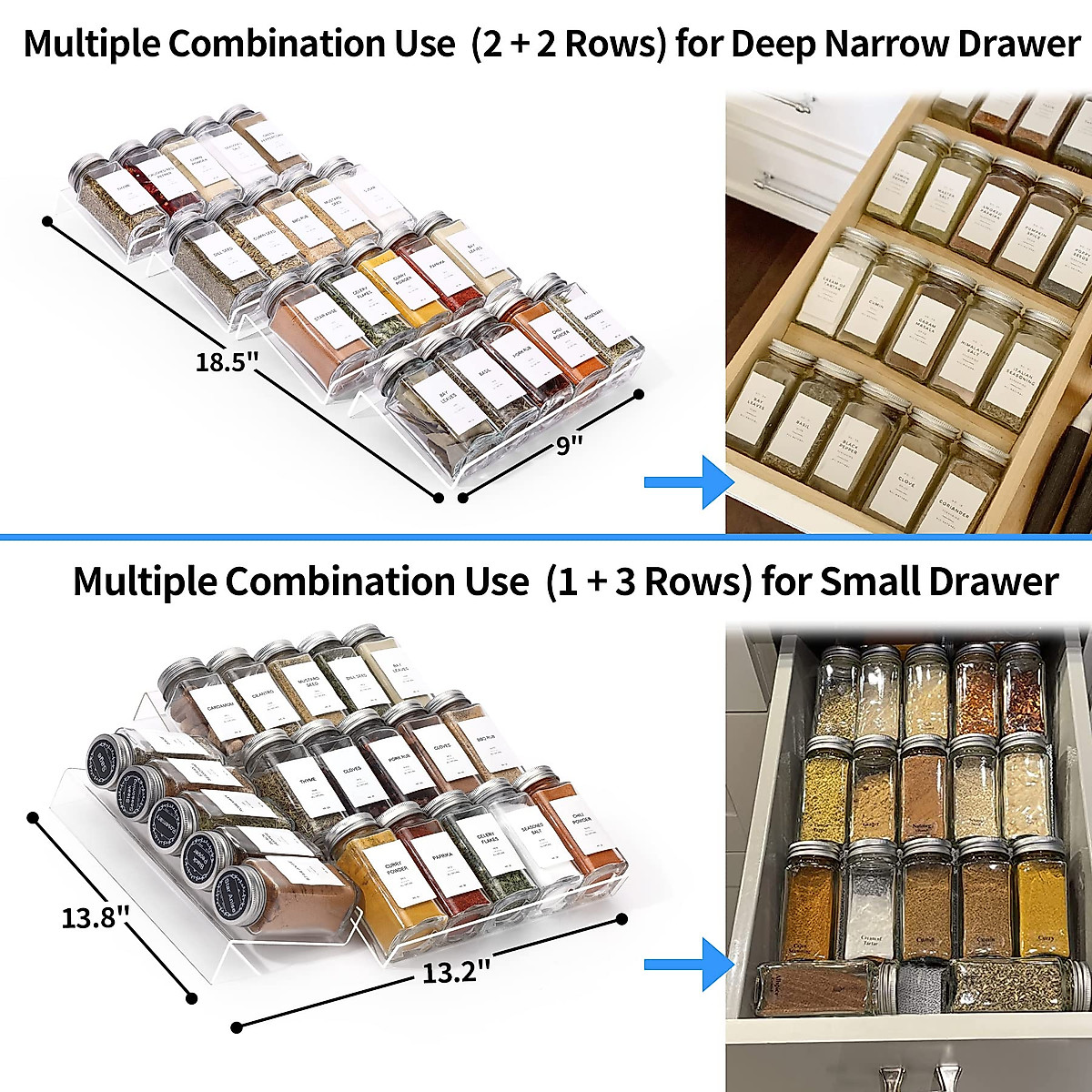 Clear Acrylic Spice Drawer Organizer, 4 Tier- 1 Set Seasoning Jars Drawers Insert, Kitchen Spice Rack Tray for Drawer/Countertop (Jars not included)