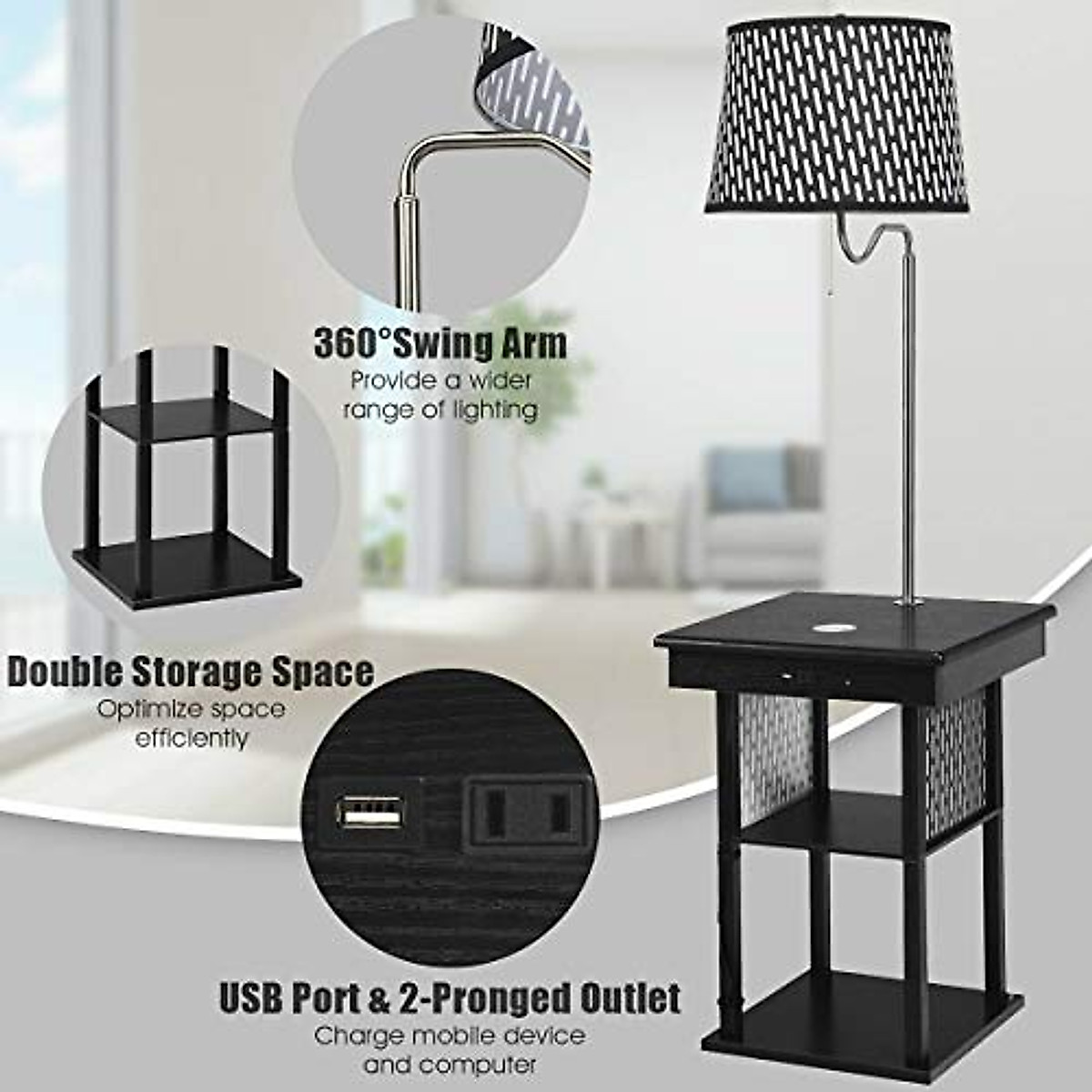 Costzon Floor Lamp, Swing Arm Lamp w/Wireless Charger, Side Table, 2 USB Ports, Open Shelves & Shade, Modern Bedside Nightstand Lighting for Living Room, Bedroom, Guest Room, End Table Lamp (Black)