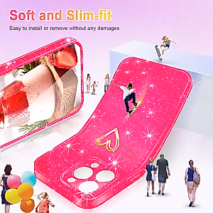 Qviskteme for iPhone 14 Pro Max Case Glitter,Cute Bling Sparkly Slim Phone Case TPU Shockproof Bumper Protective Soft Silicone Cover Anti-Scratch Plating Love Heart for Women Girls (Hot Pink)