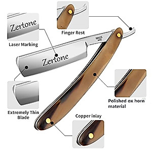 Zertone Straight Razor Shaving Kit with Horn Scale - Straight Razors for Men, Sharp 440C Stainless Steel Blade Straight Edge Razor, Includes Stropping Cloth and Brush
