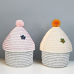 RNCOZE Small House Shaped Storage Basket, Handmade Cotton Rope Organizer Basket with Lid, Creative Snack Container Decorative Storage Bin for Living Room Bedroom Home Storage(Yellow)