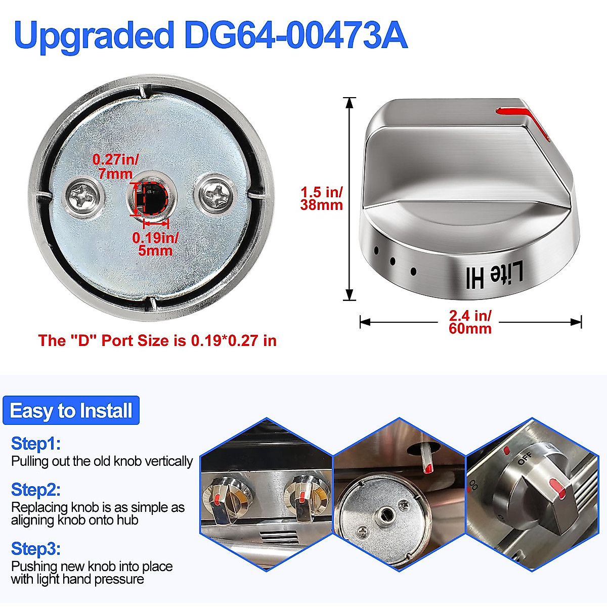 [Upgraded] DG64-00473A Stove Knobs Compatible with Samsung Gas Range, Reinforced Stainless Steel Protection Power Ring, Ultra Durable Control Knobs Replacement for Samsung Stove Burner Oven (5 Pack)